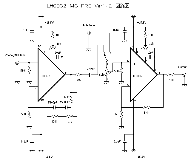 ・LH0032の概略等価回路を現在でも入手可能な個別半導体で組んでフラットアンプ部を構成し、そのゲイン＆位相－周波数をLTSpiceで占ってみる。
